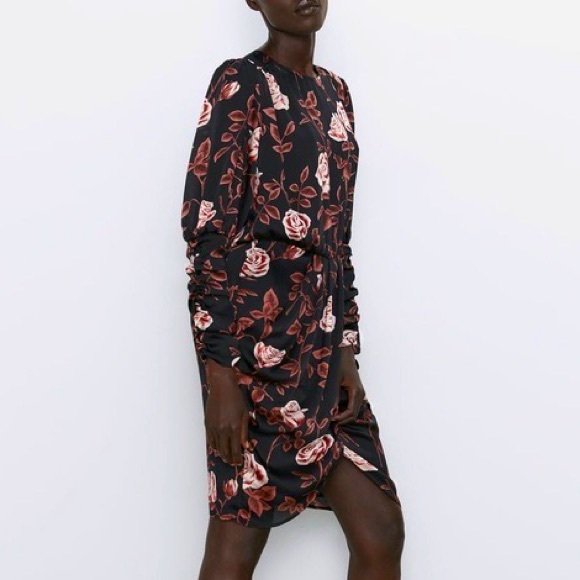 Zara | Dresses | Zara Ruched Long Sleeve Rose Print Mini Asymmetrical ...